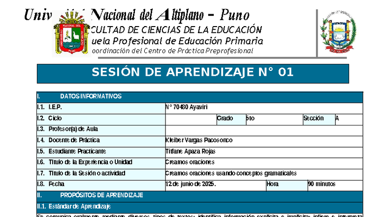 Sesión de Aprendizaje 01: Creamos Oraciones - Grado 5to, I.E.P. 70480 ...