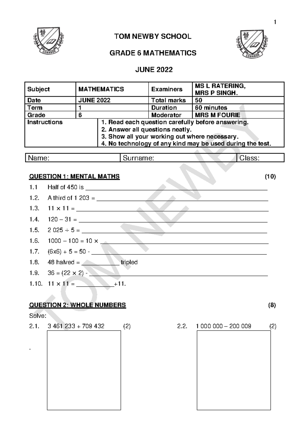 Grade 6 Maths Final Exam - June 2022 - Studocu