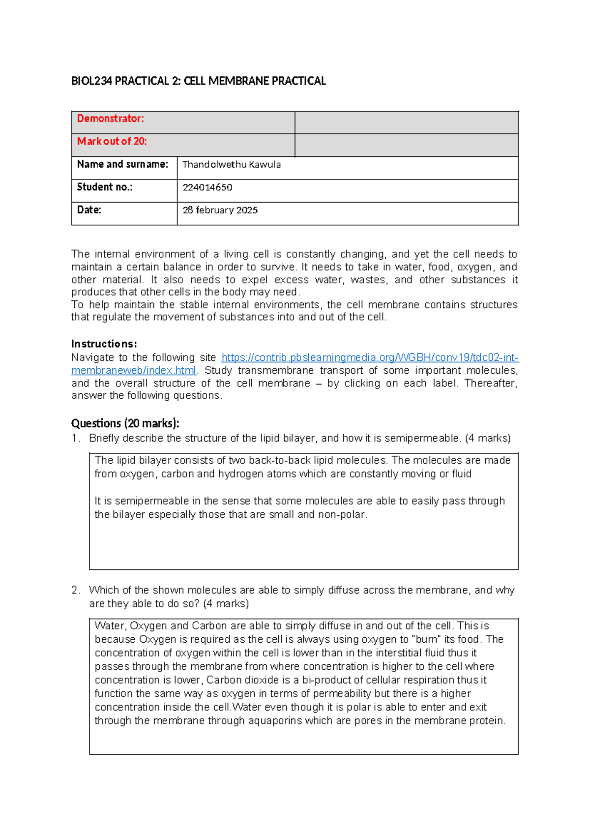 BIOL234 practical 2 - BIOL234 PRACTICAL 2: CELL MEMBRANE PRACTICAL ...