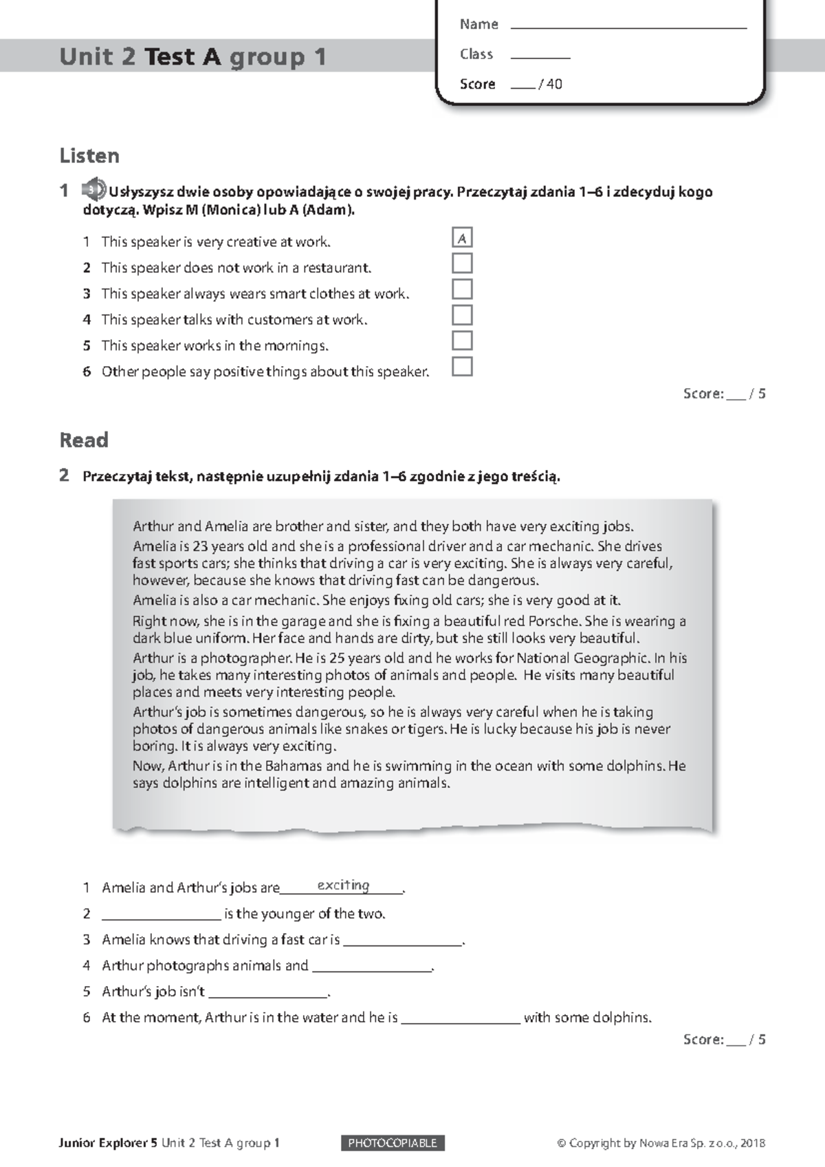 Junior Explorer 5 Unit 2 Test A - Group 1 Assessment Guide - Studocu