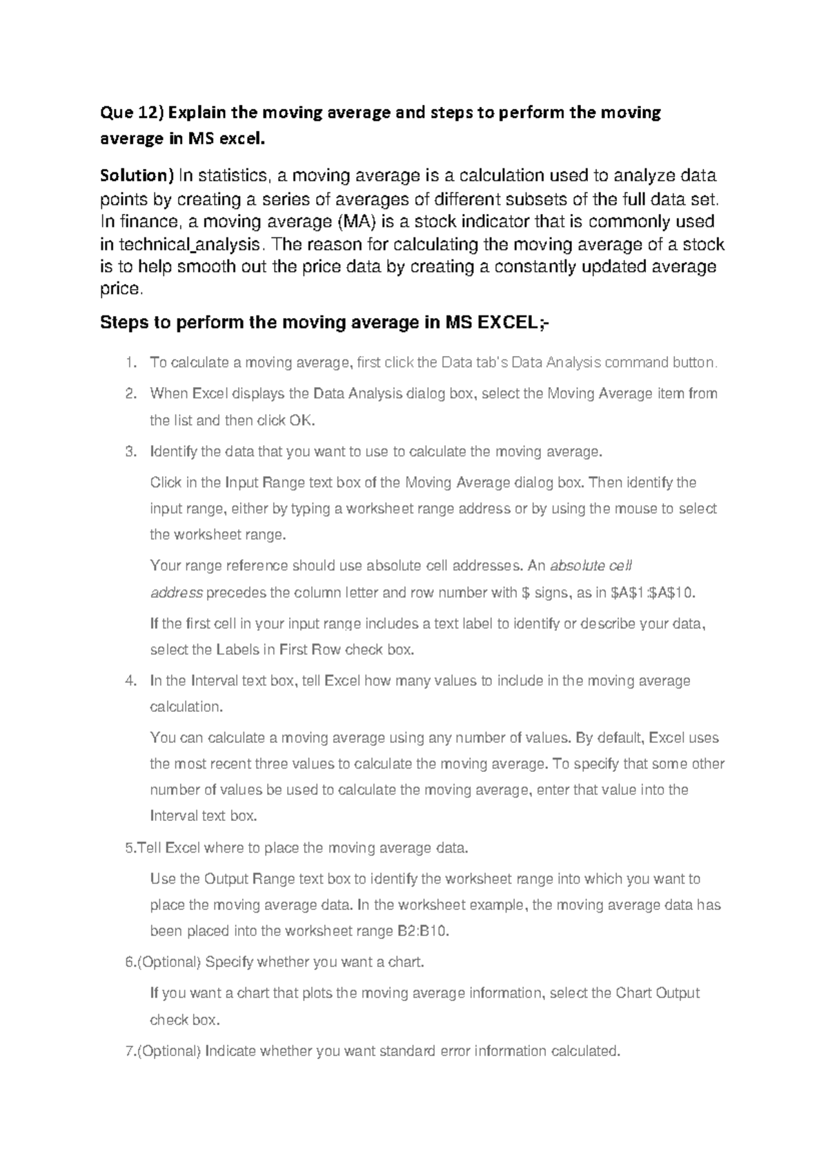 Data Analytics: Moving Average Calculation in MS Excel - Studocu