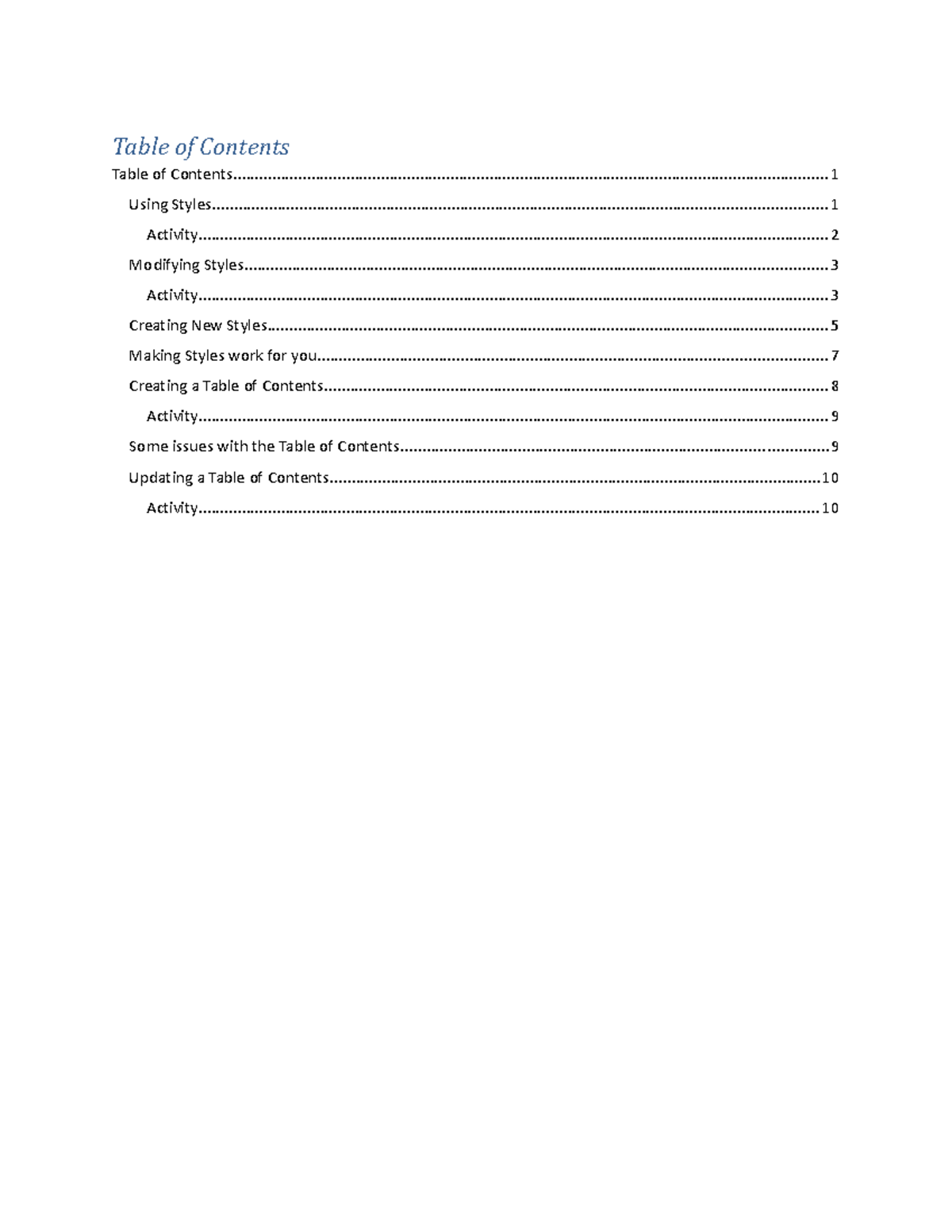 COM101: Lecture Notes on Creating and Modifying a Table of Contents ...