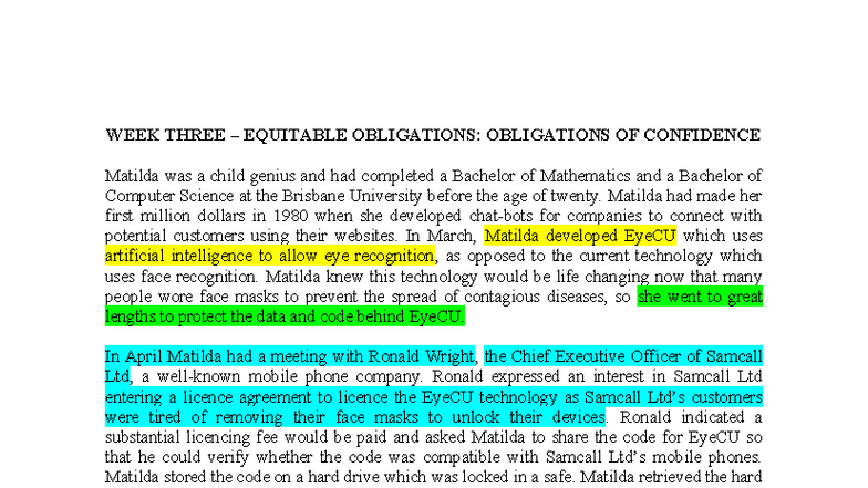 LLB205 - Week 3 Tutorial: Equitable Obligations & Confidentiality - Studocu