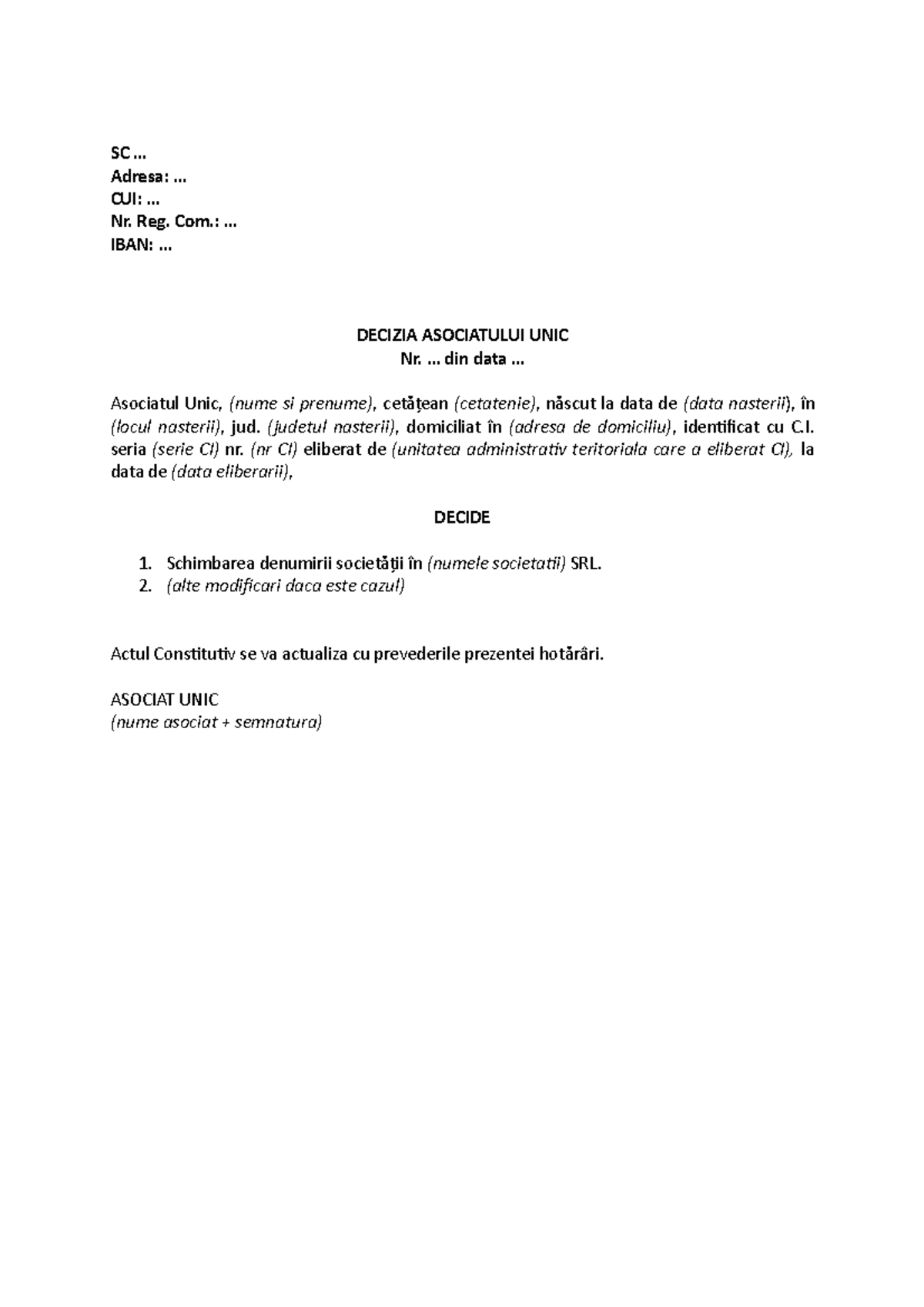Decizie Asociat Unic pentru Schimbare Denumire SRL - Model Document ...