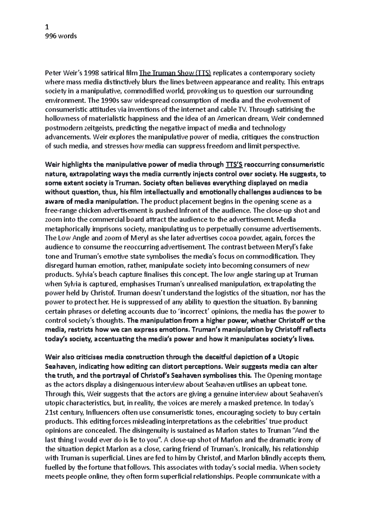 Scene analysis for the truman show - Opening scene Close up – Truman at ...