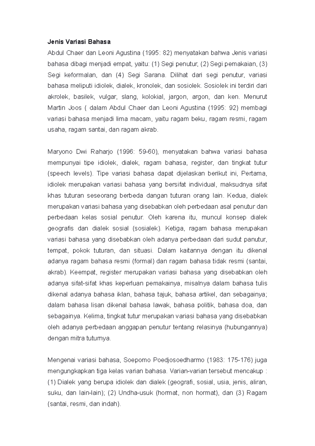 Pengertian dan Jenis Variasi Bahasa Menurut Ahli (TA: 2) - Studocu