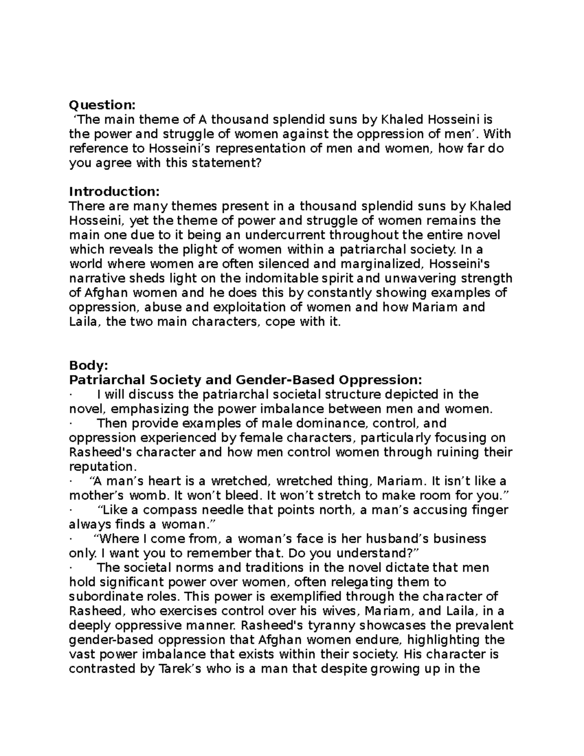 A Thousand Splendid Suns Essay Plan: Women's Struggle and Resilience ...