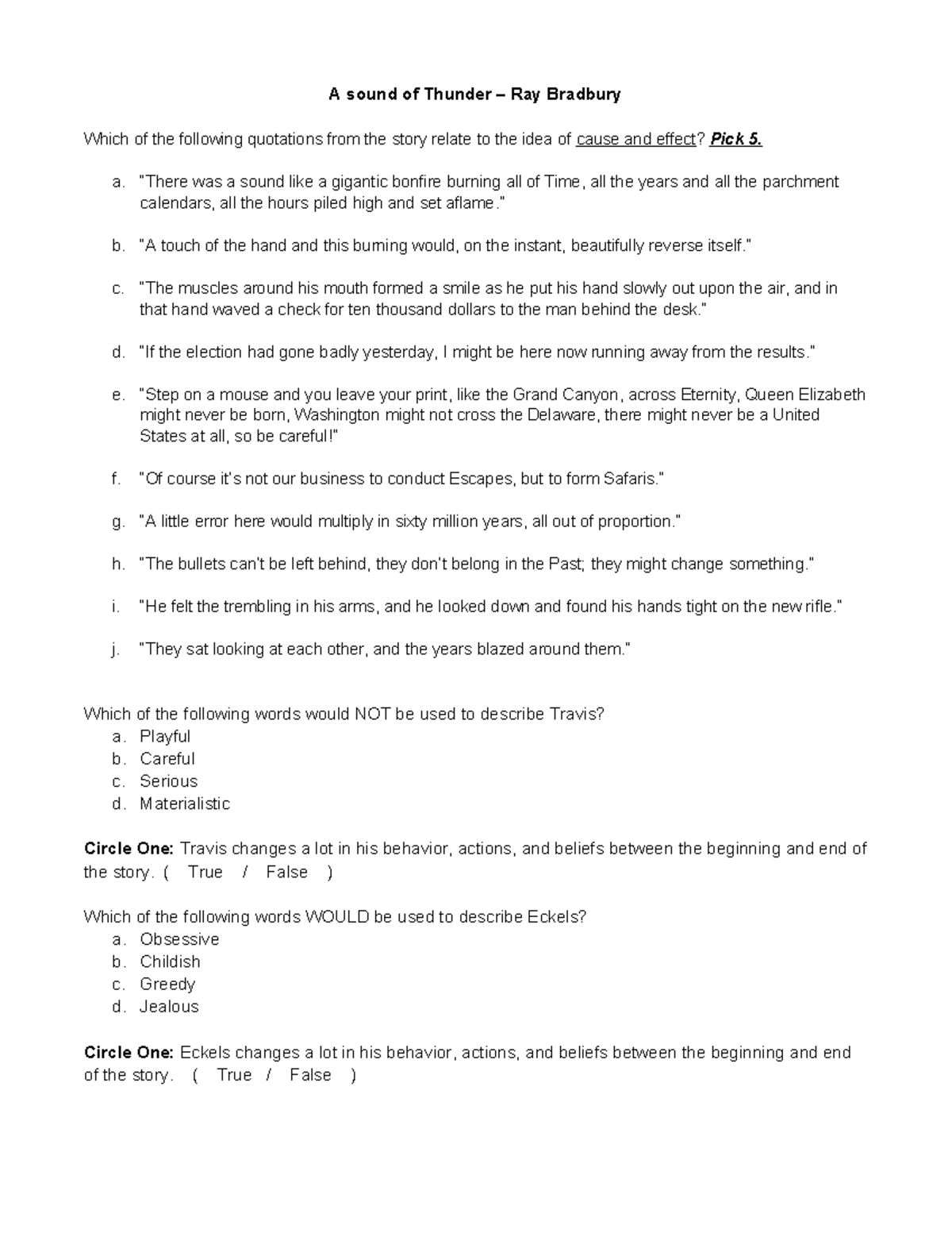 ASound of Thunder by Ray Bradbury: Reading Comprehension Questions 1 ...