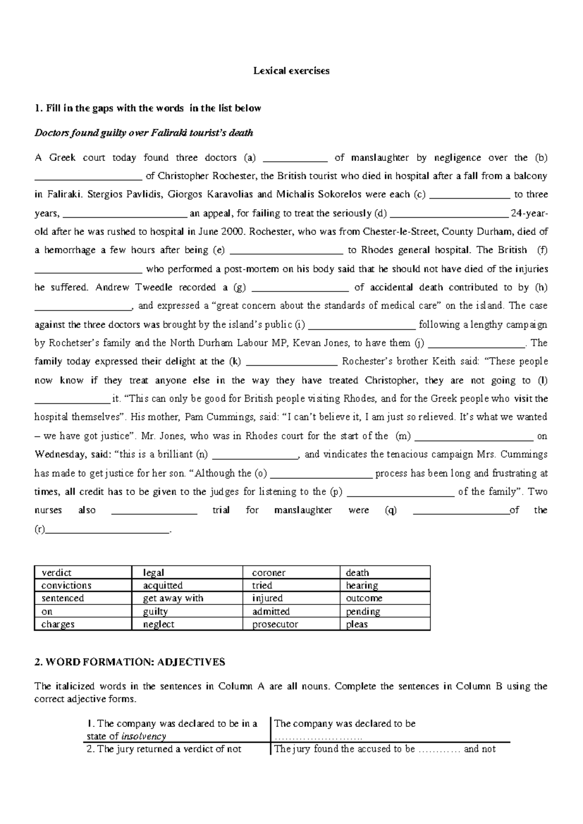 Lexical Exercises for Legal English (Esercitazione per Inghiese ...