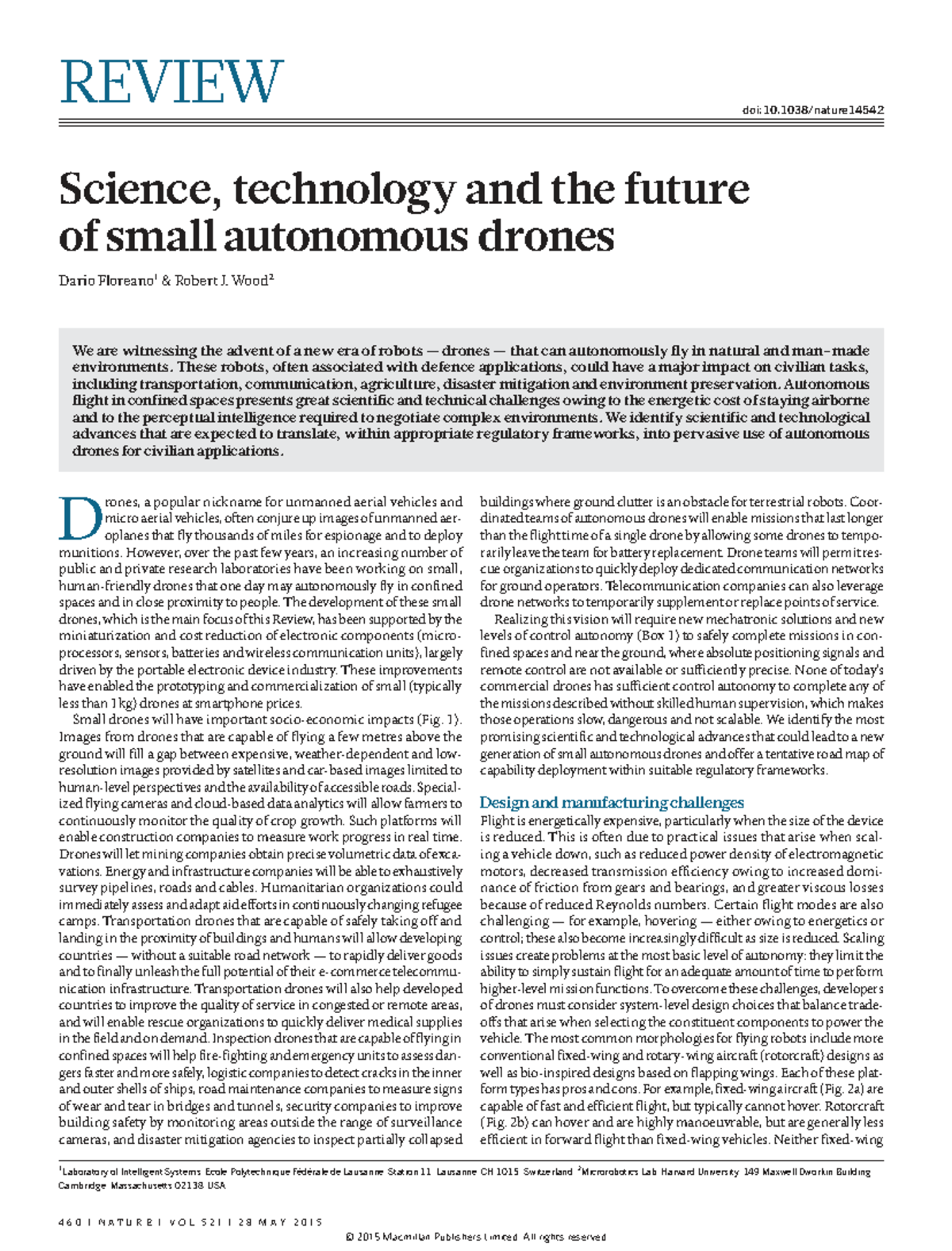 REVIEW Nature 14542: Future of Small Autonomous Drones - Studocu