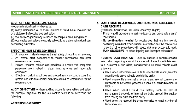 Module 5A: Substantive Test of Receivables and Sales Audit - Studocu