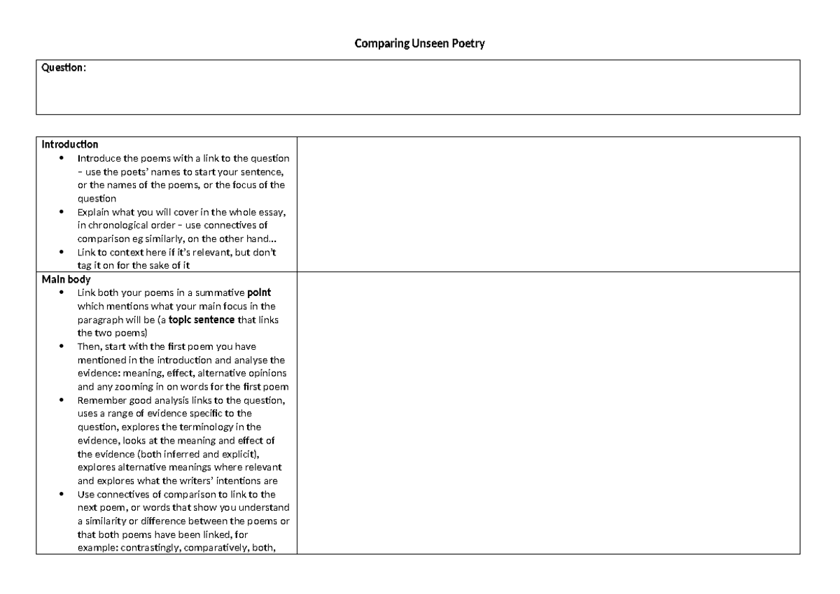 Comparing Unseen Poetry: Analysis and Insights for Essay Writing - Studocu
