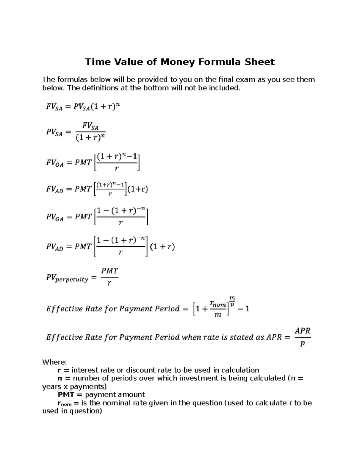 Time Value of Money Formula Sheet - BU 111 - The definitions at the ...