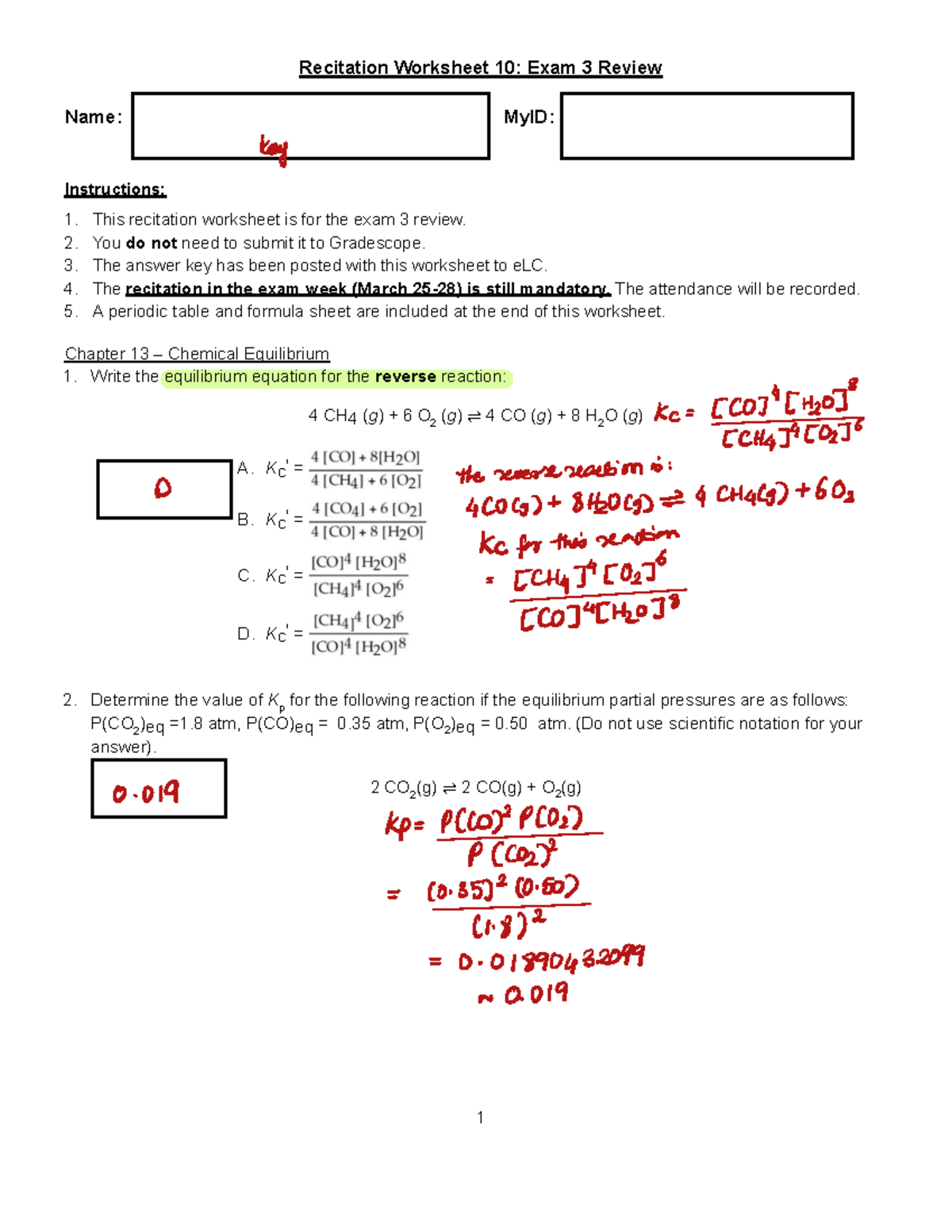 Recitation Worksheet 10 (Exam 3 Review) Fillable PDF - Recitation ...