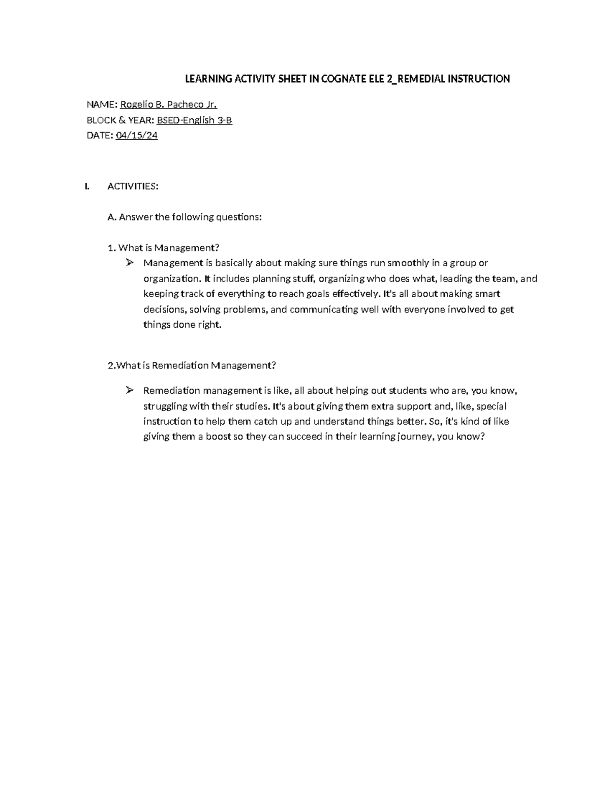 Cognate ELE 2 Remedial Instruction Activity Sheet by Rogelio B. Pacheco ...