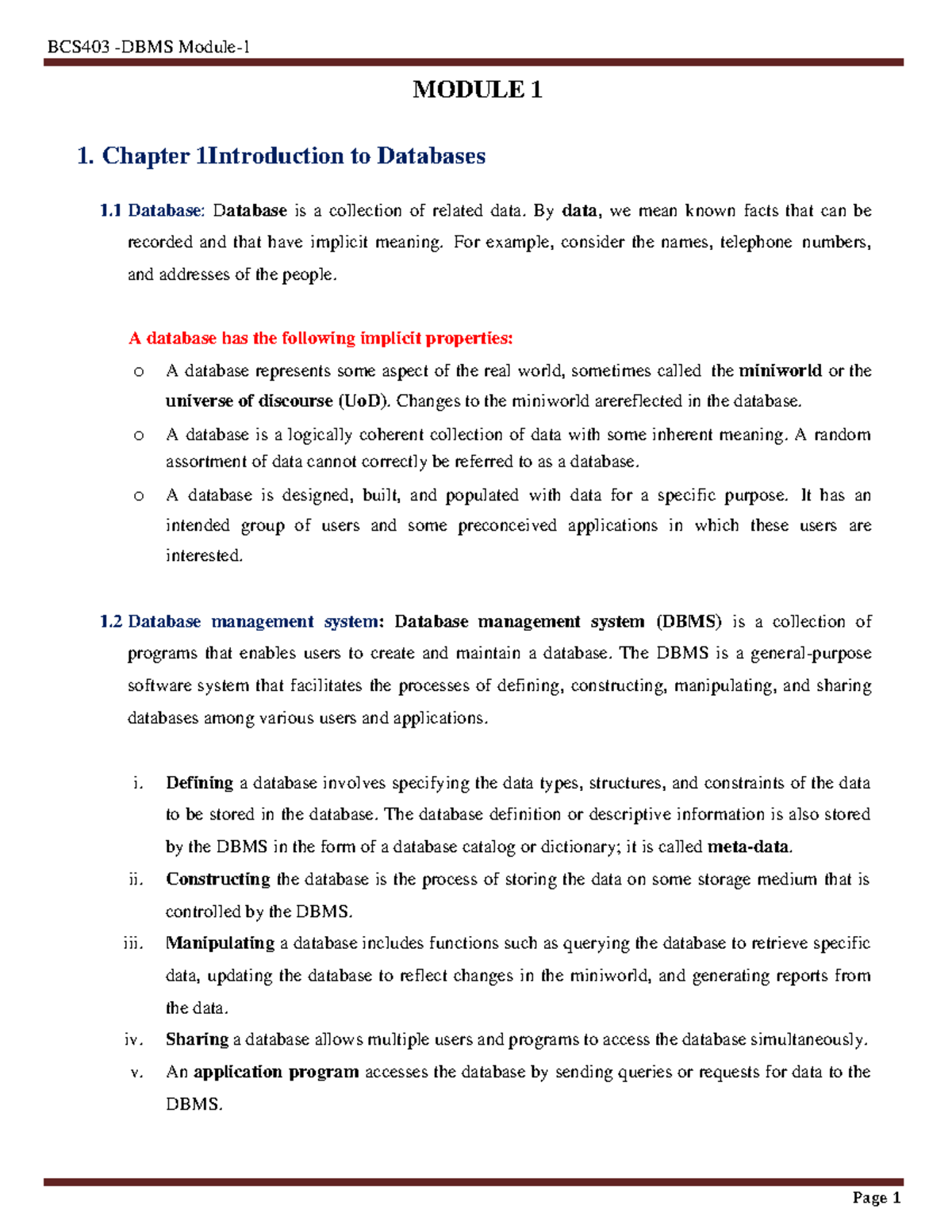 BCS403 Module 1: Introduction to Databases and DBMS Concepts - Studocu