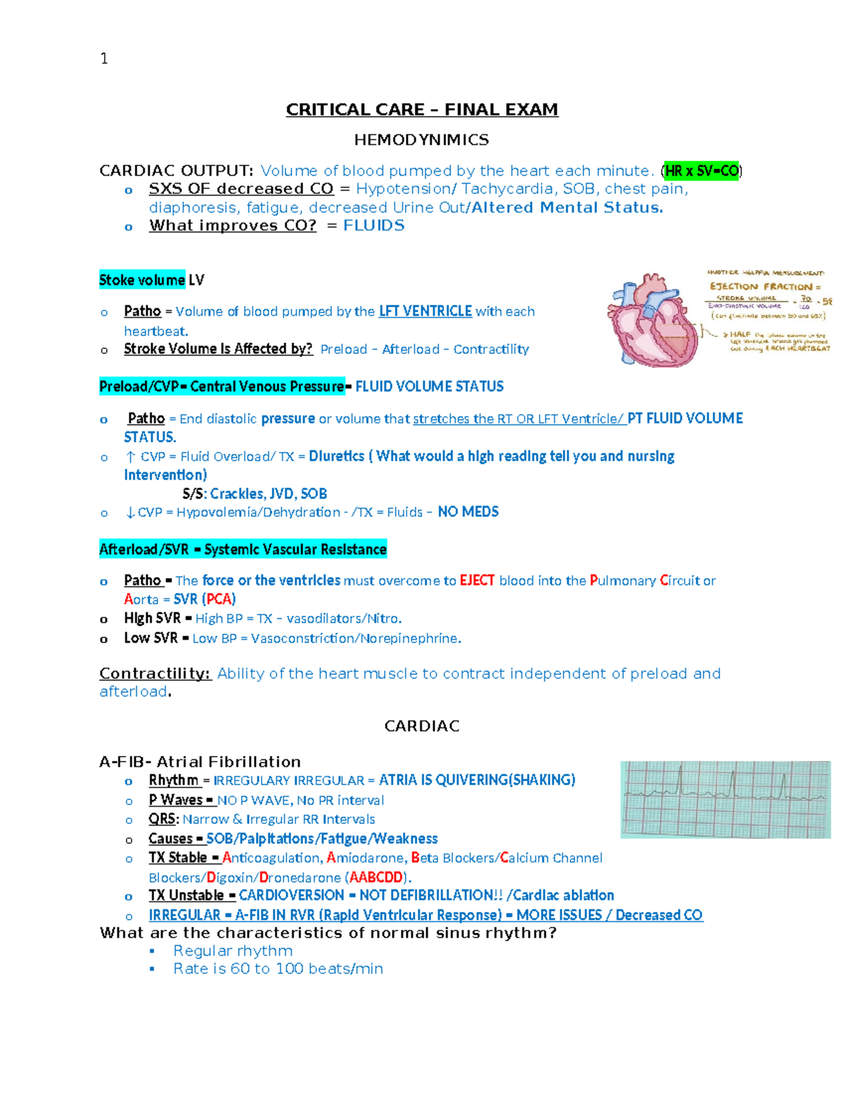 Critical Care 1: Final Exam Study Guide on Hemodynamics and Cardiac ...