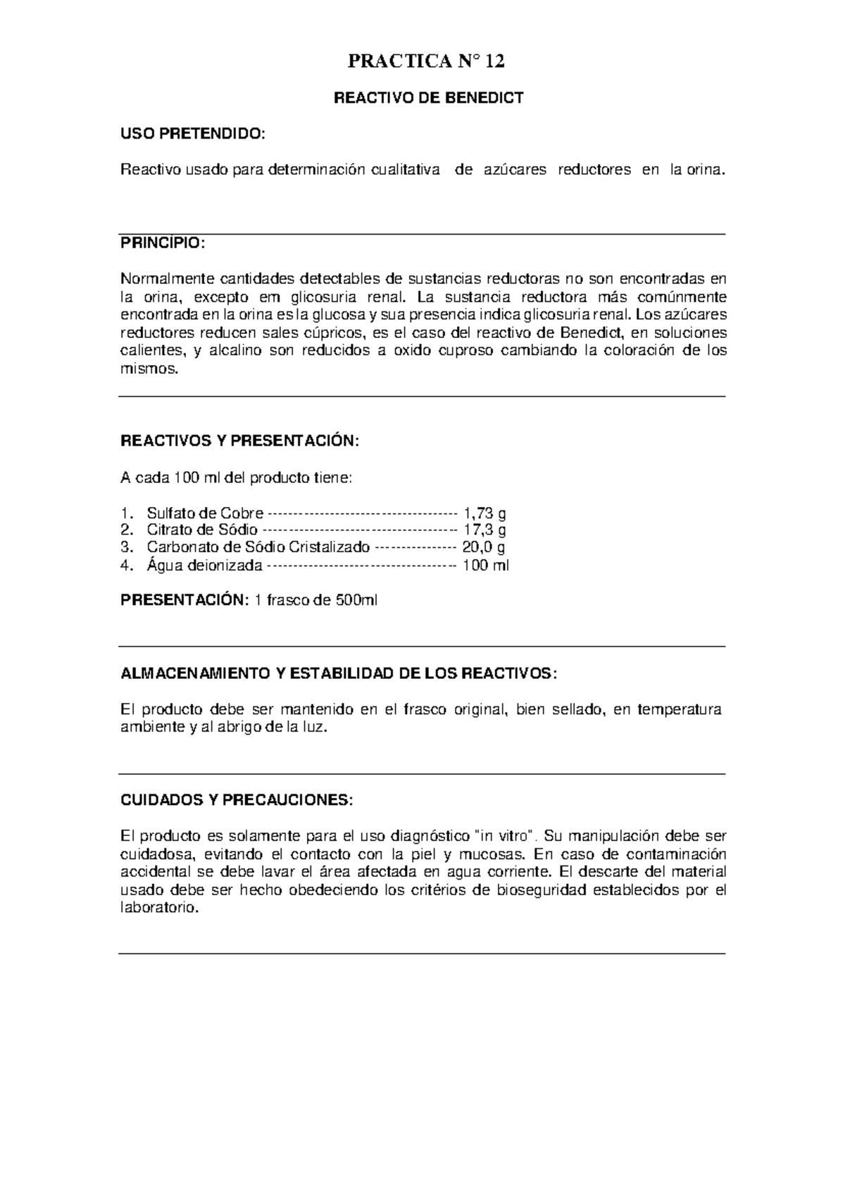 Práctica N° 12: Uso y Procedimiento del Reactivo de Benedict en Orina ...