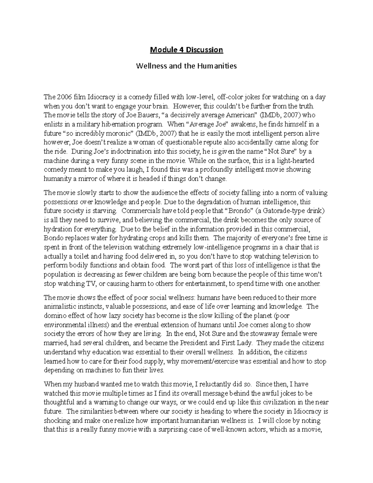 Module 4 Discussion - Module 4 Discussion Wellness and the Humanities ...