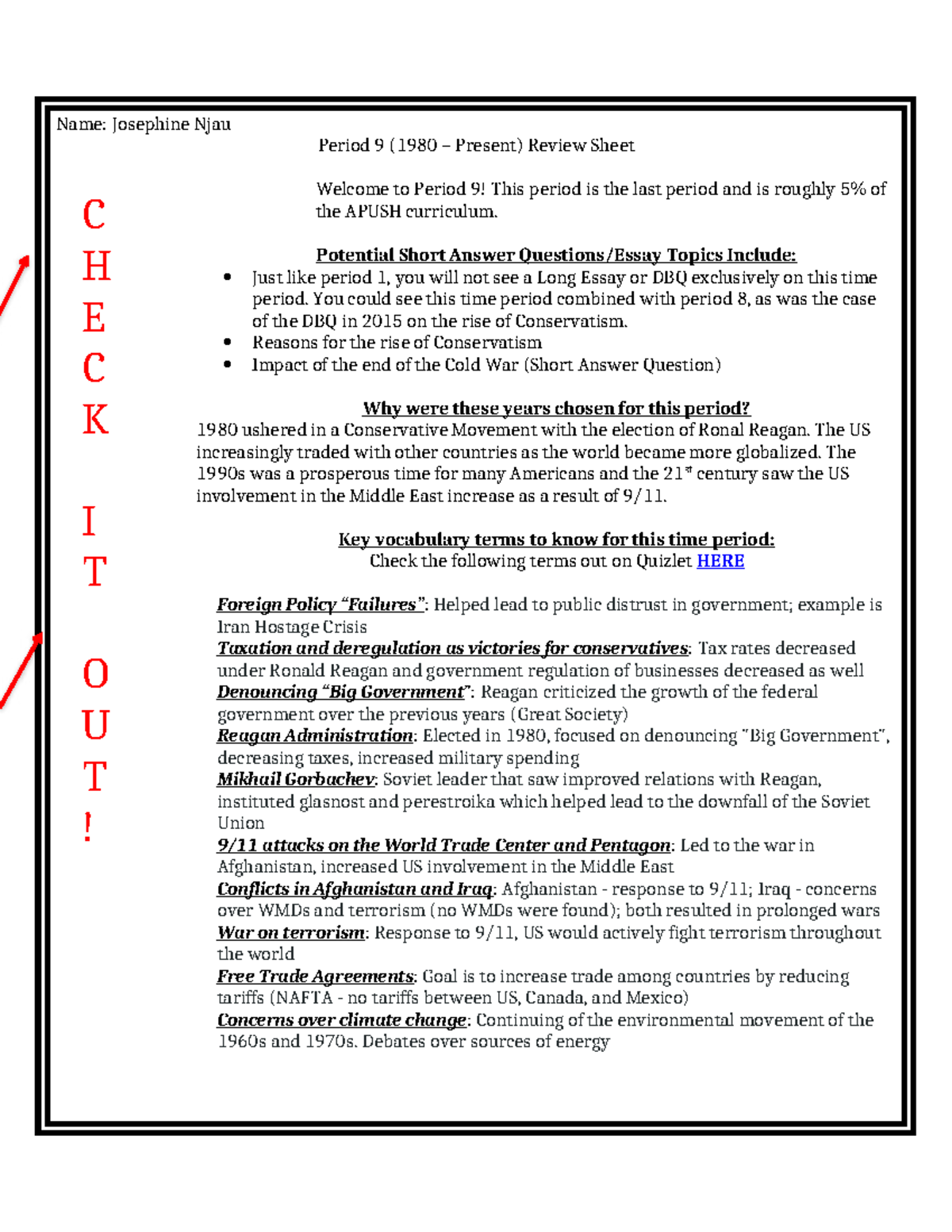 APUSH Period 9 Review Sheet: Key Topics from 1980 to Present - Studocu