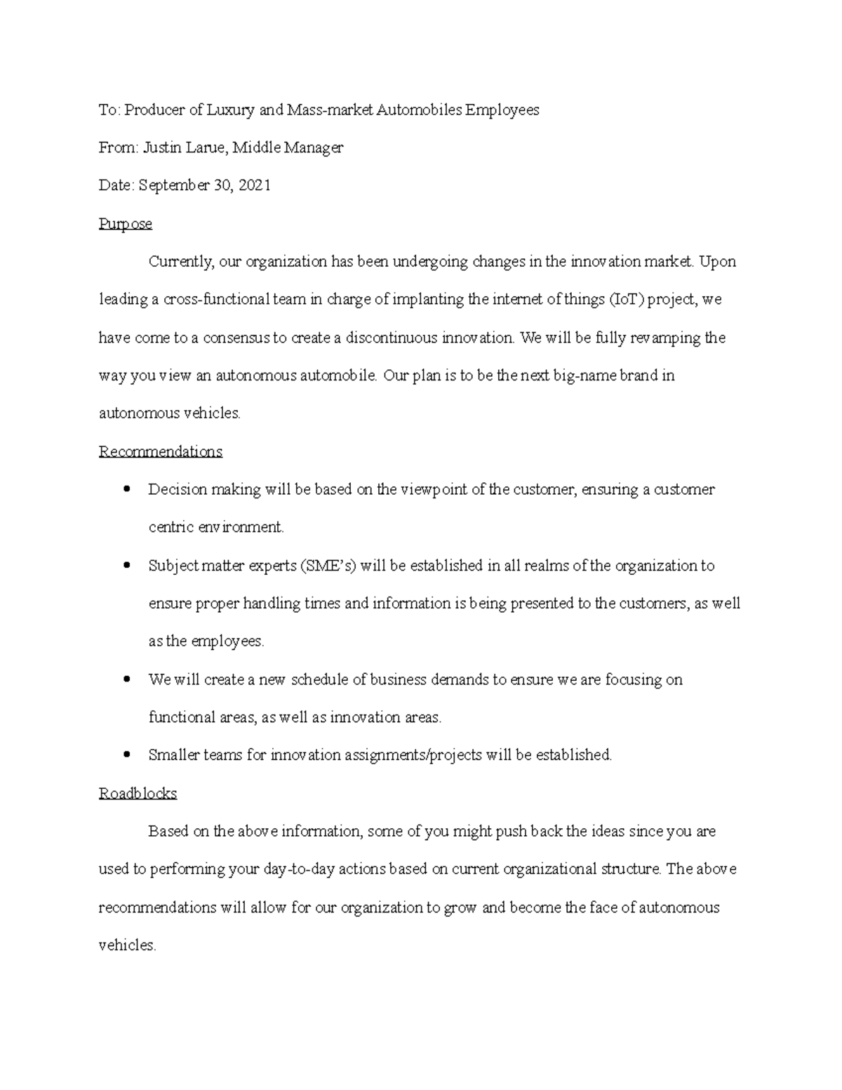 MBA 580 Module Ten Executive Summary - To: Producer of Luxury and Mass ...