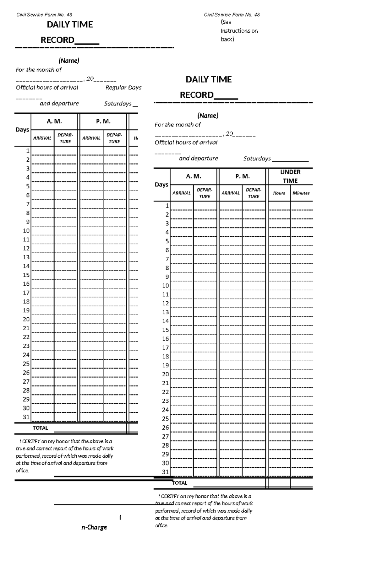 Civil Service Form No. 48 - Daily Time Record Template - Studocu