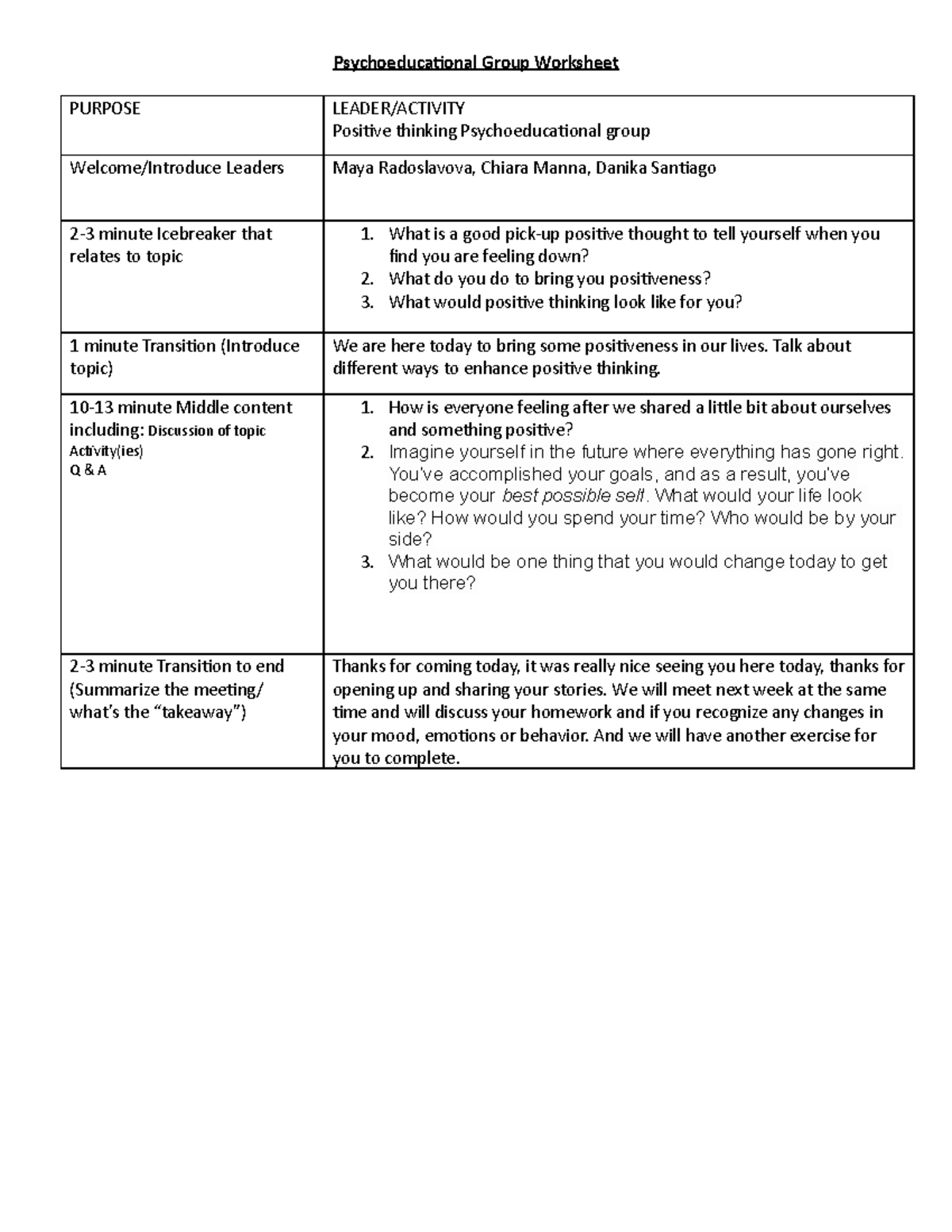 Psychoeducational Group Worksheet: Positive Thinking Activities - Studocu
