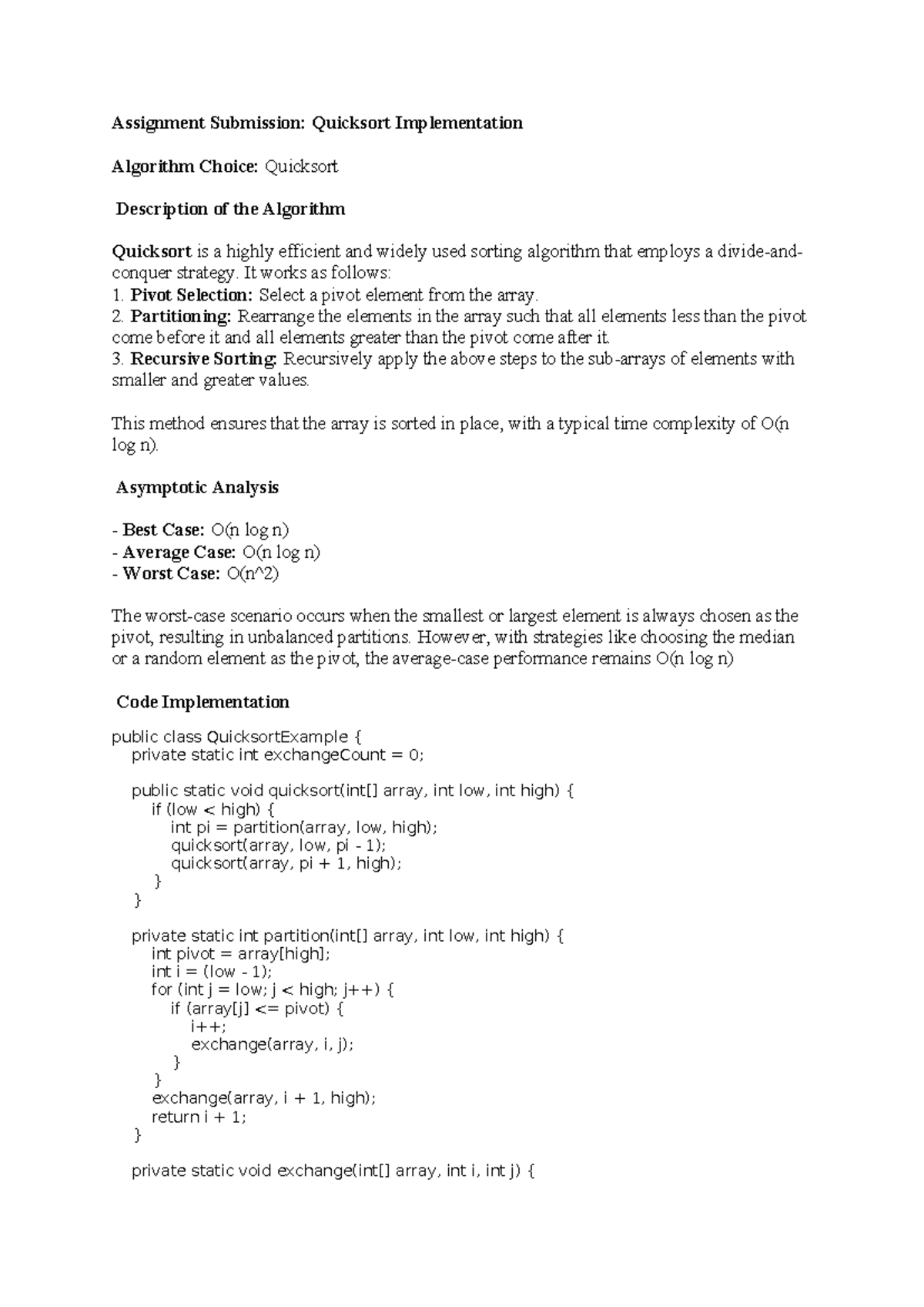 CS 3303 Assignment Unit 6 - Assignment Submission: Quicksort ...
