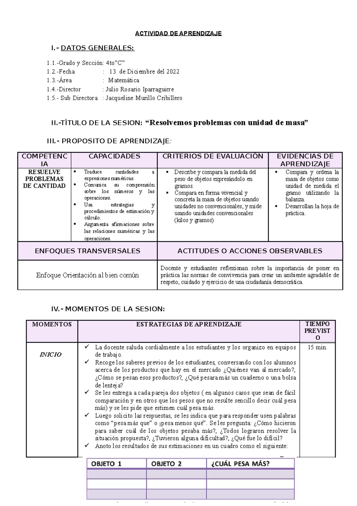 Sesión de Matemática: Resolución de Problemas de Masa - 4to "C" - Studocu