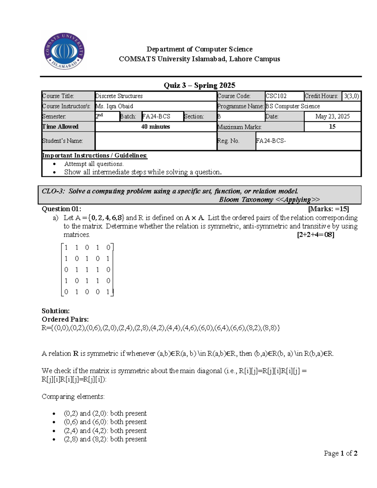 Quiz 3 CSC102 Discrete Structures - Spring 2025 Notes - Studocu