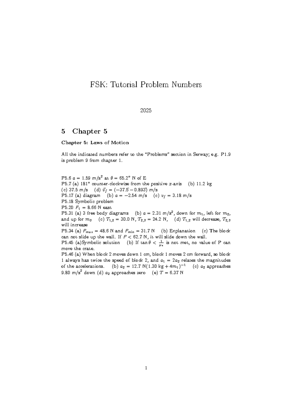 FSK: Chapter 5 Tutorial Problems on Laws of Motion - Studocu
