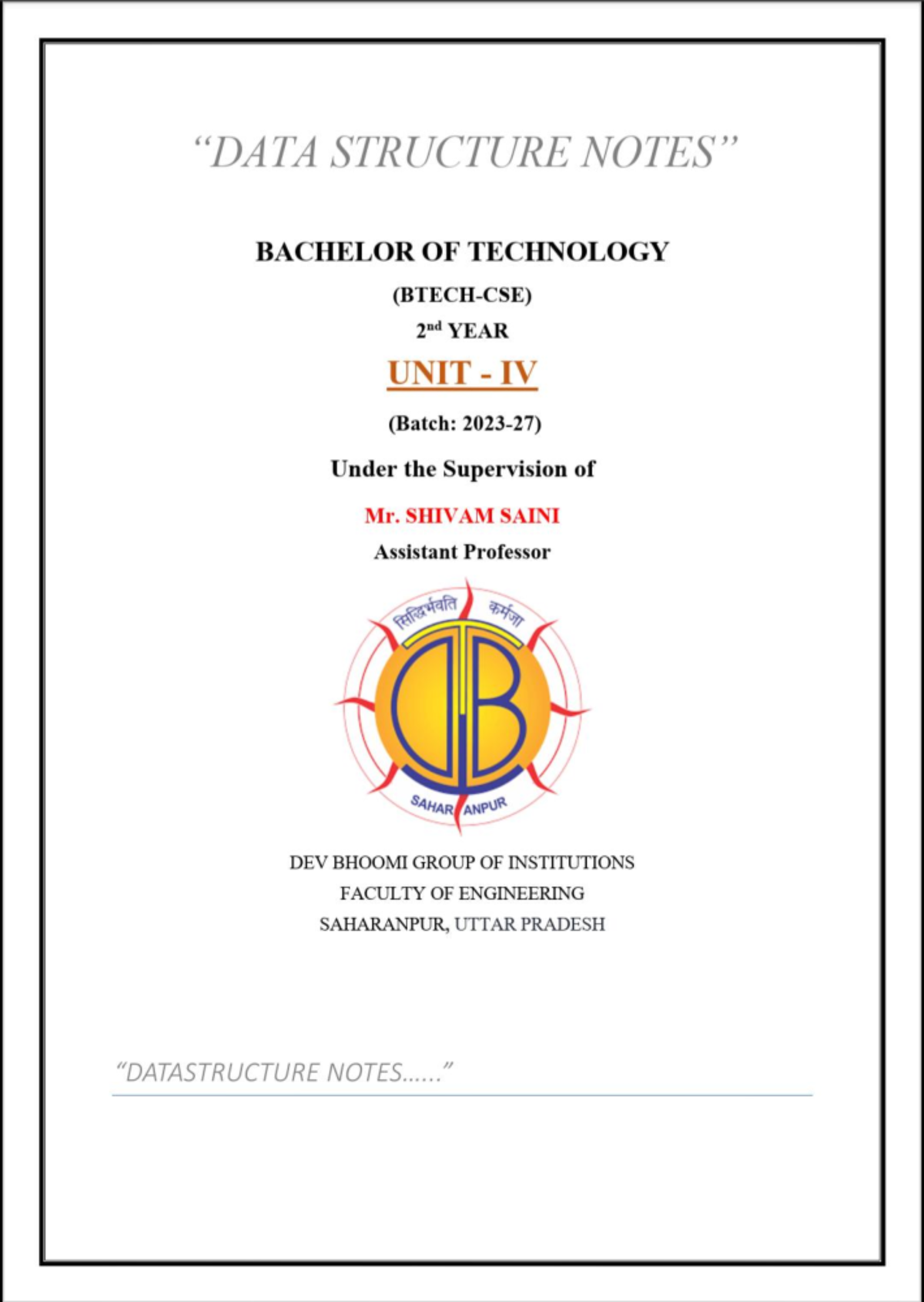 BTECH 2nd Year Unit IV: Data Structures - Tree Notes - Studocu