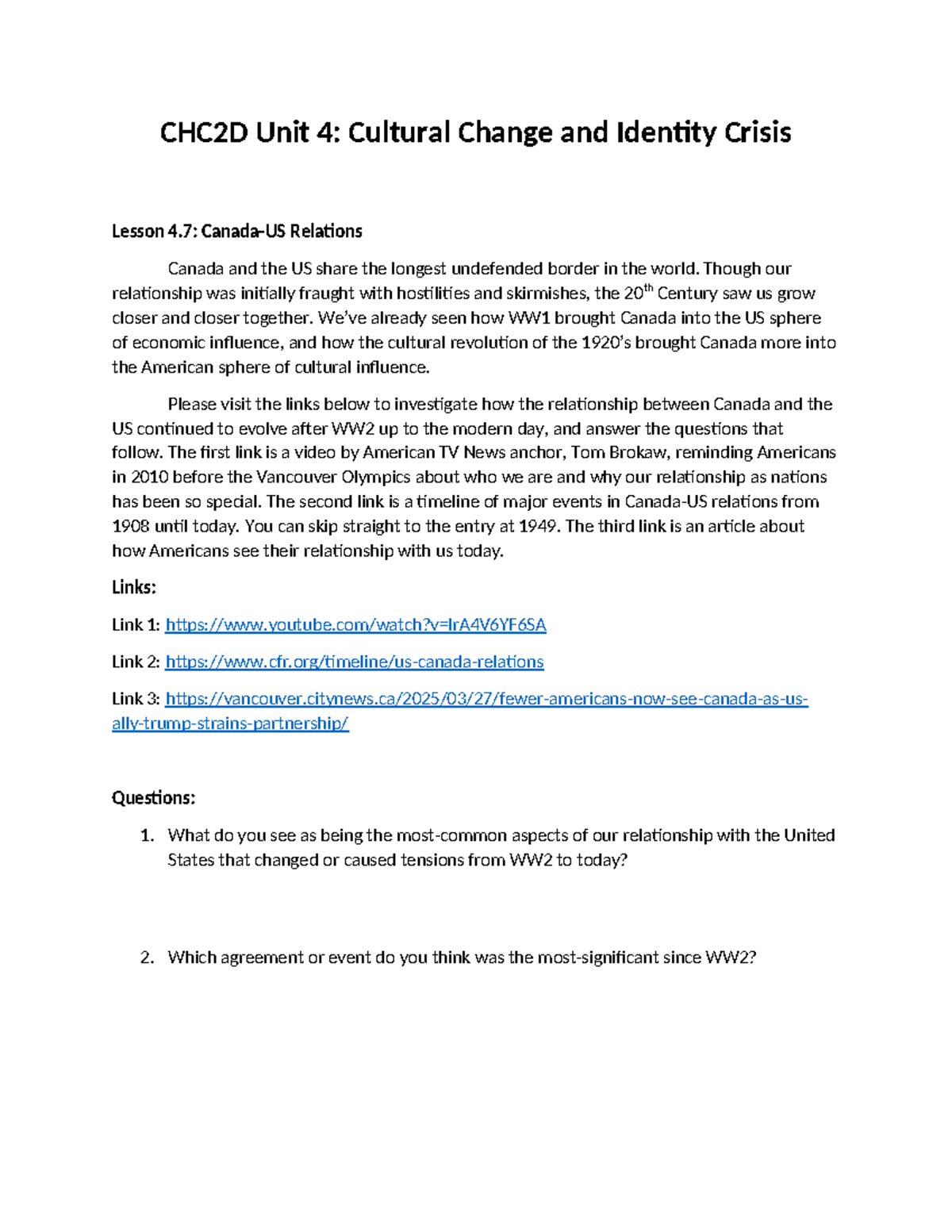 CHC2D Unit 4: Canada-US Relations from WW2 to Present Day - Studocu