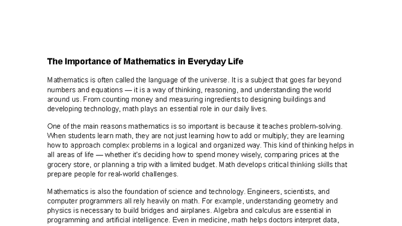 The Role of Math in Daily Life: Understanding Its Significance - Studocu