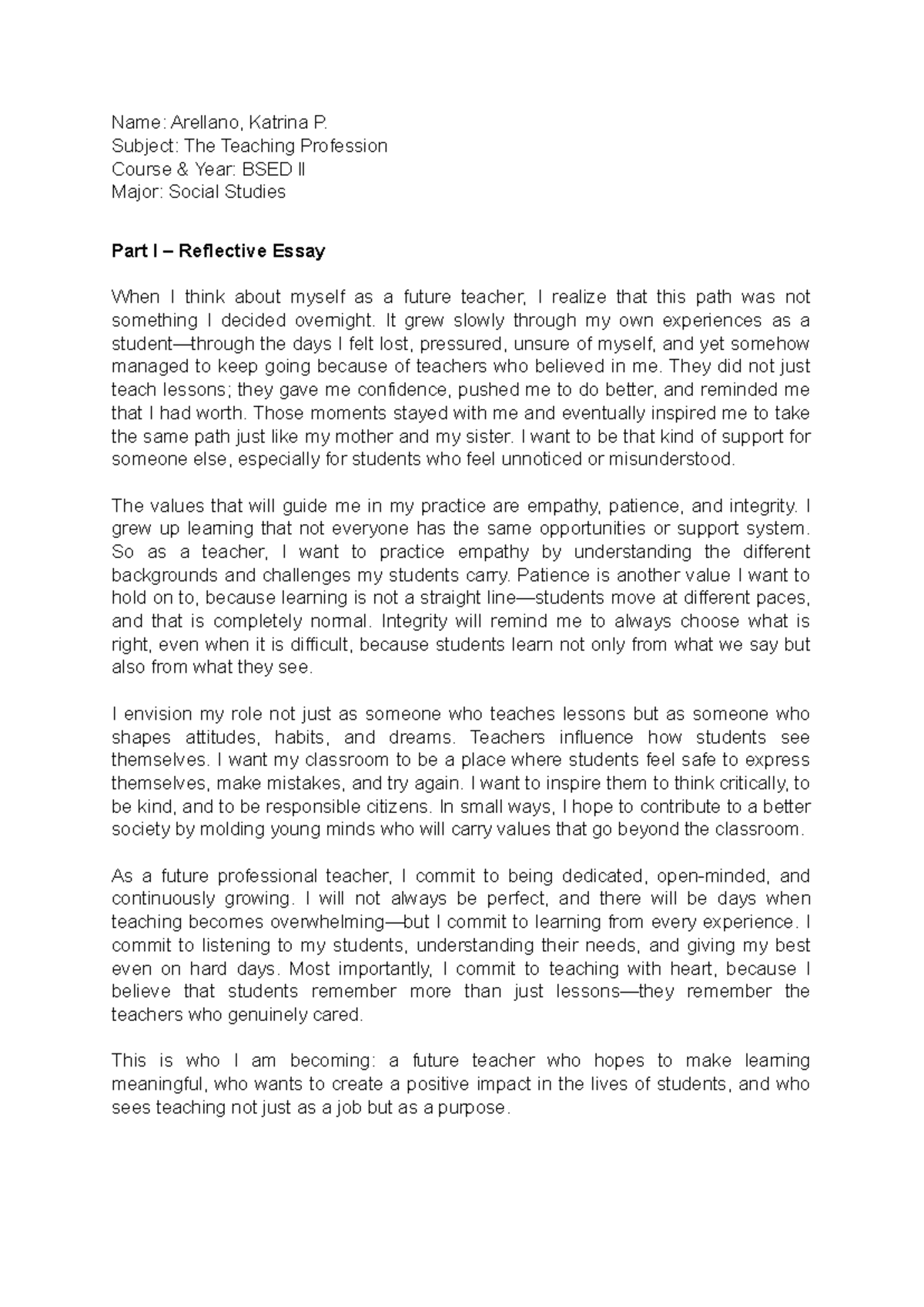 BSED II Reflective Essay: My Journey to Becoming a Teacher - Studocu