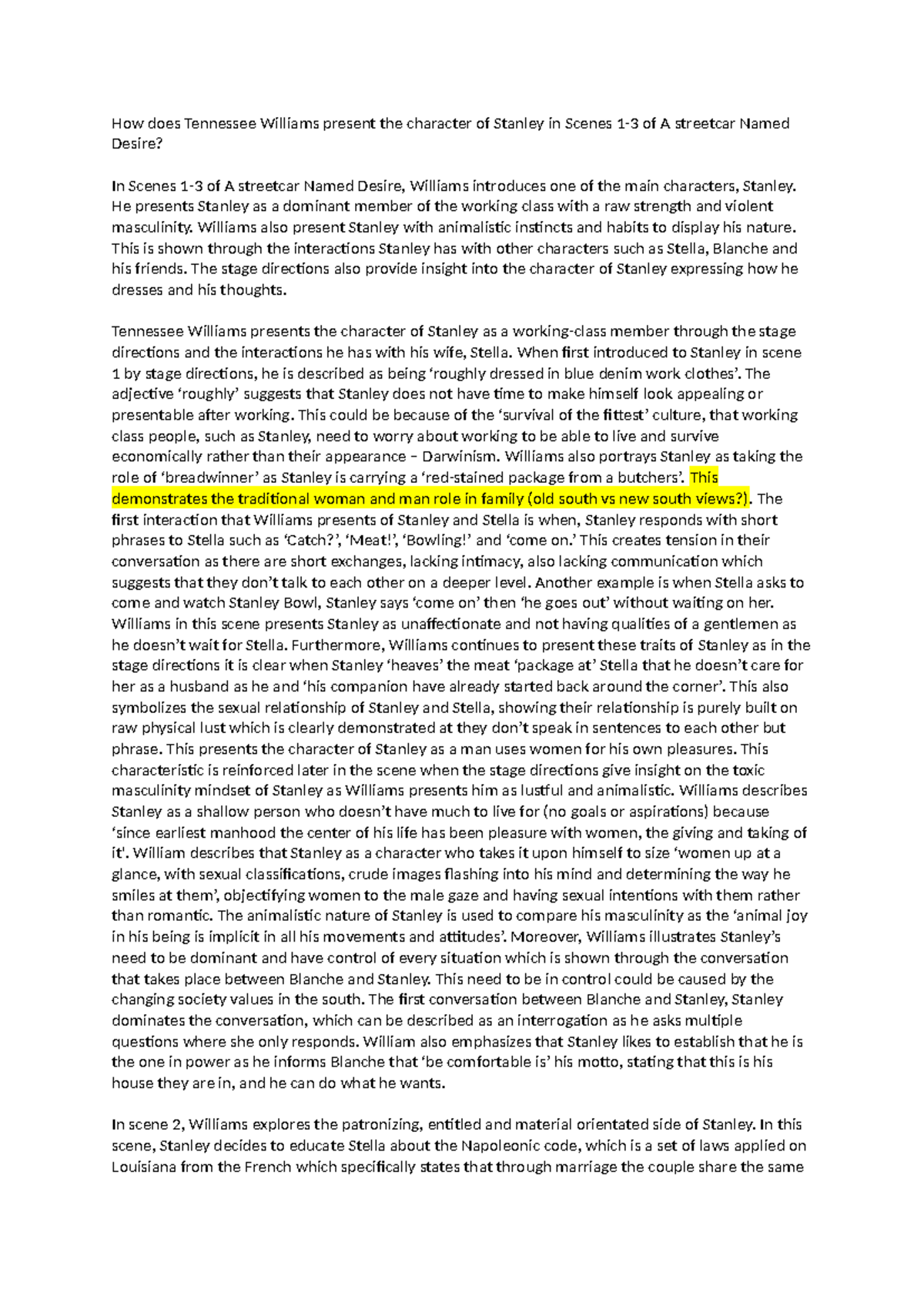 Analysis of Stanley's Character in A Streetcar Named Desire (Scenes 1-3 ...