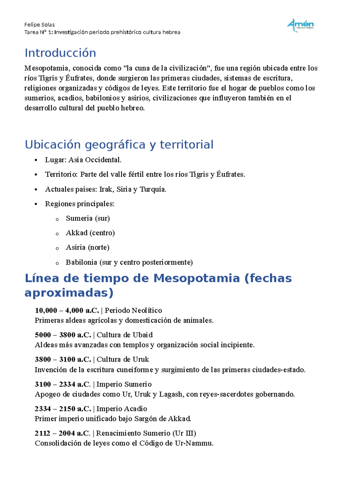 Tarea Nº 1: Investigación sobre la Cultura Hebrea y Mesopotamia - Studocu