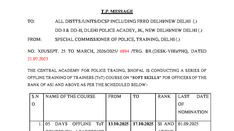 ToT Training Courses for ASI and Above - PHQ Trg Circular 2025 - Studocu