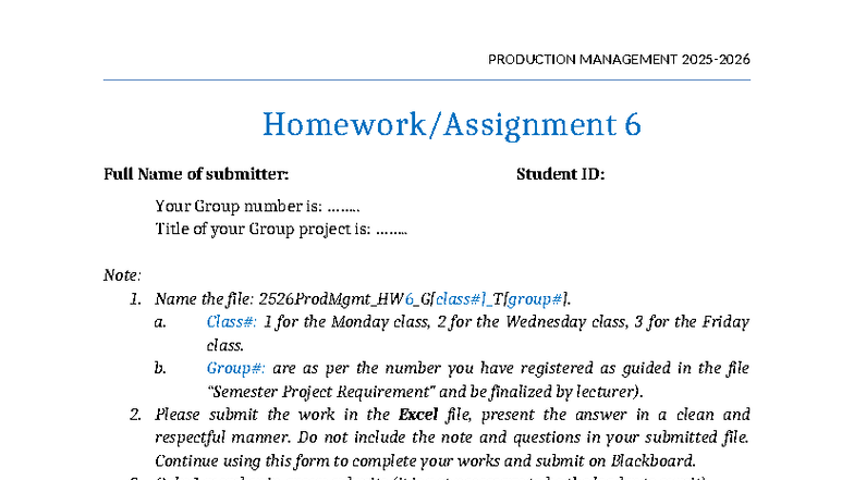 PRODUCTION MANAGEMENT 2526 HW6 Group Project Guidelines and Tasks - Studocu