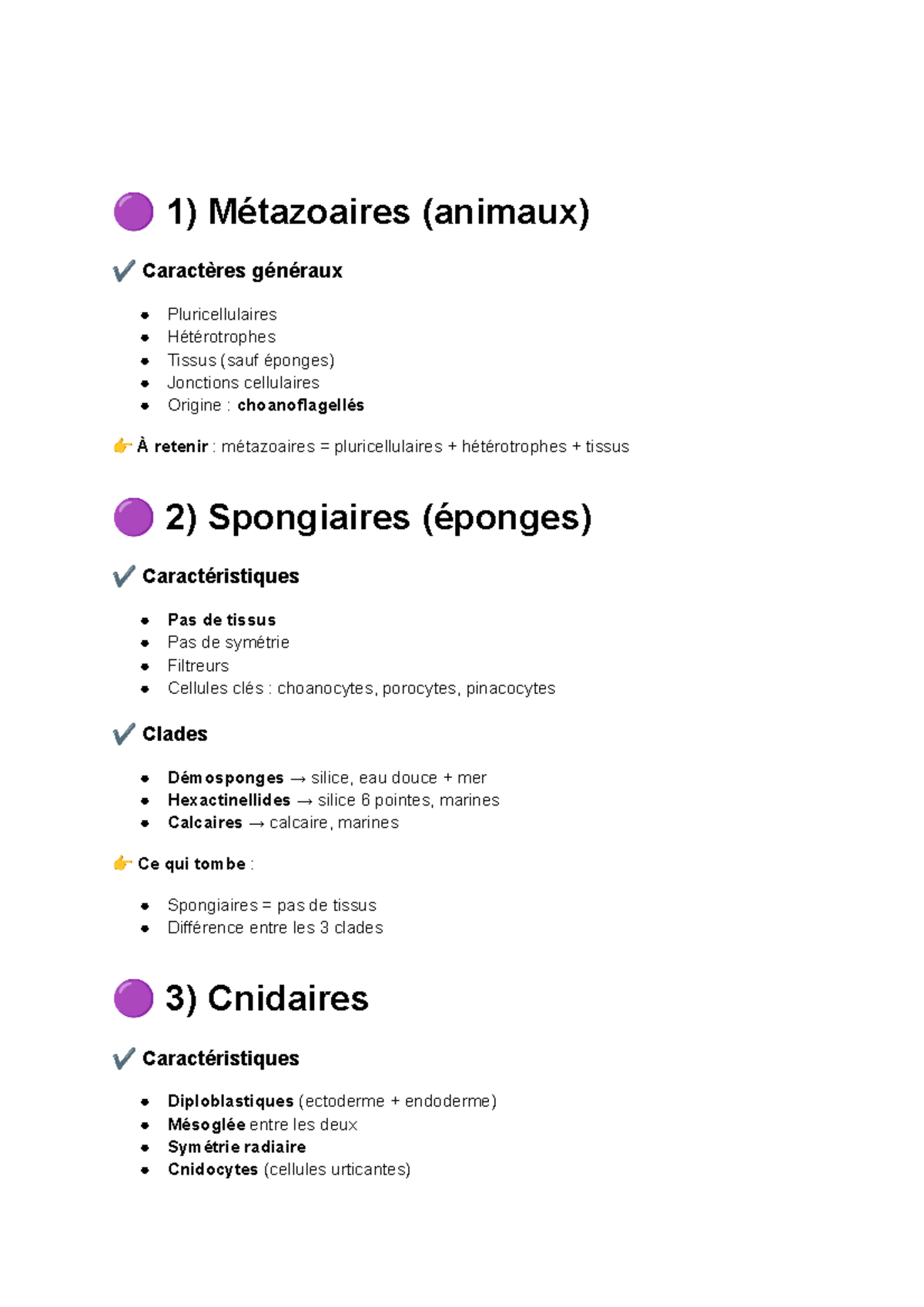 Résumé BA : Caractéristiques des Métazoaires et leurs Clades - Studocu
