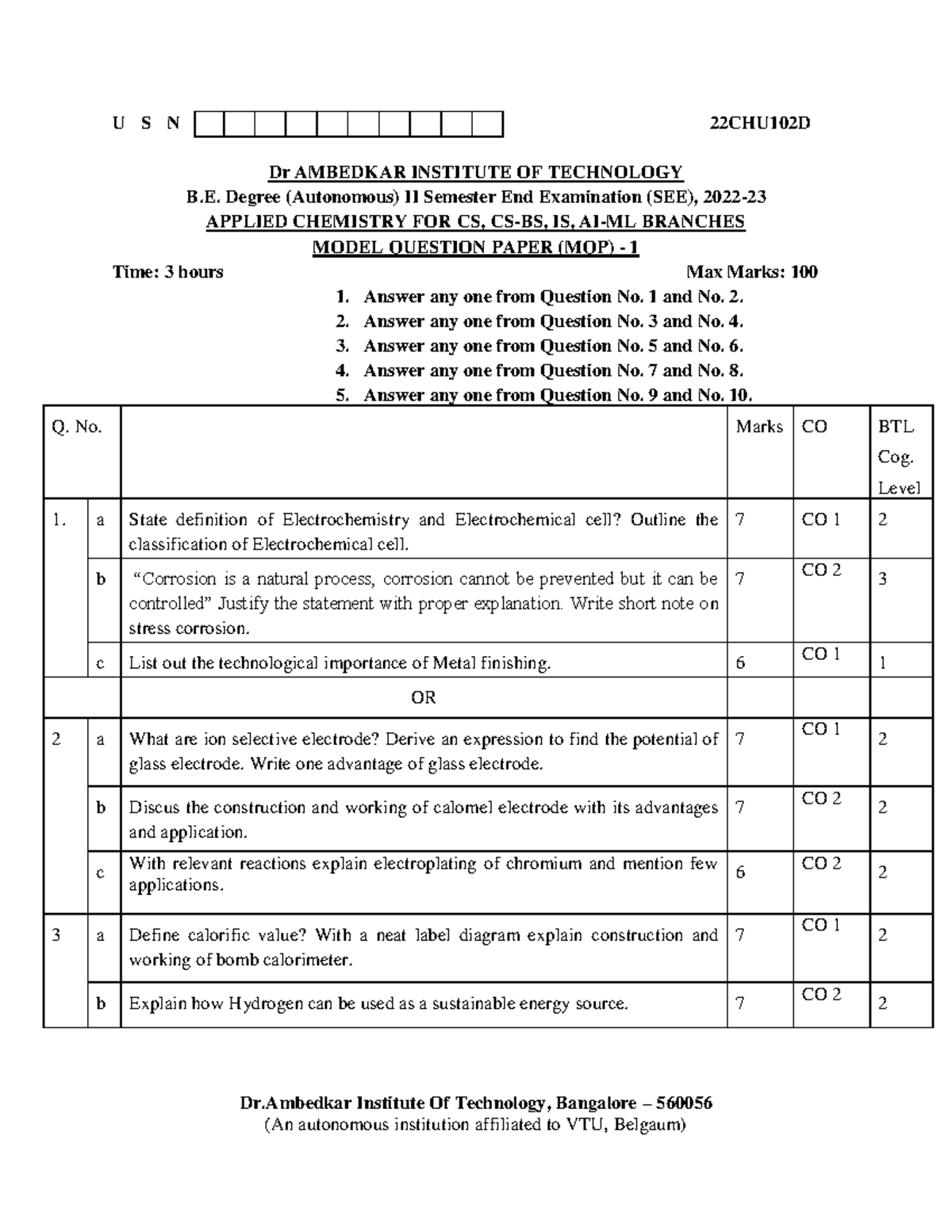 U S N 22CHU102D B.E. II Sem SEE Model Question Paper: Applied Chemistry ...