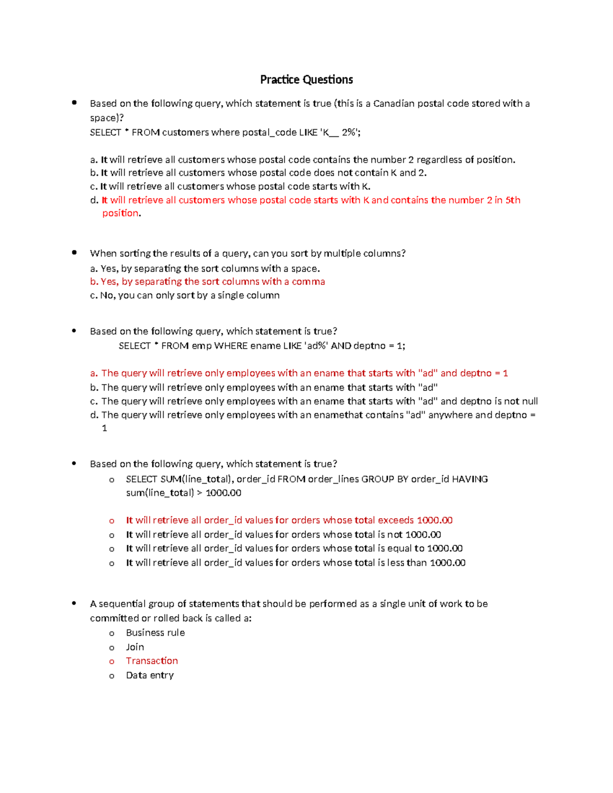 CST8215 Final Exam Practice Questions on SQL Queries and Statements - Studocu