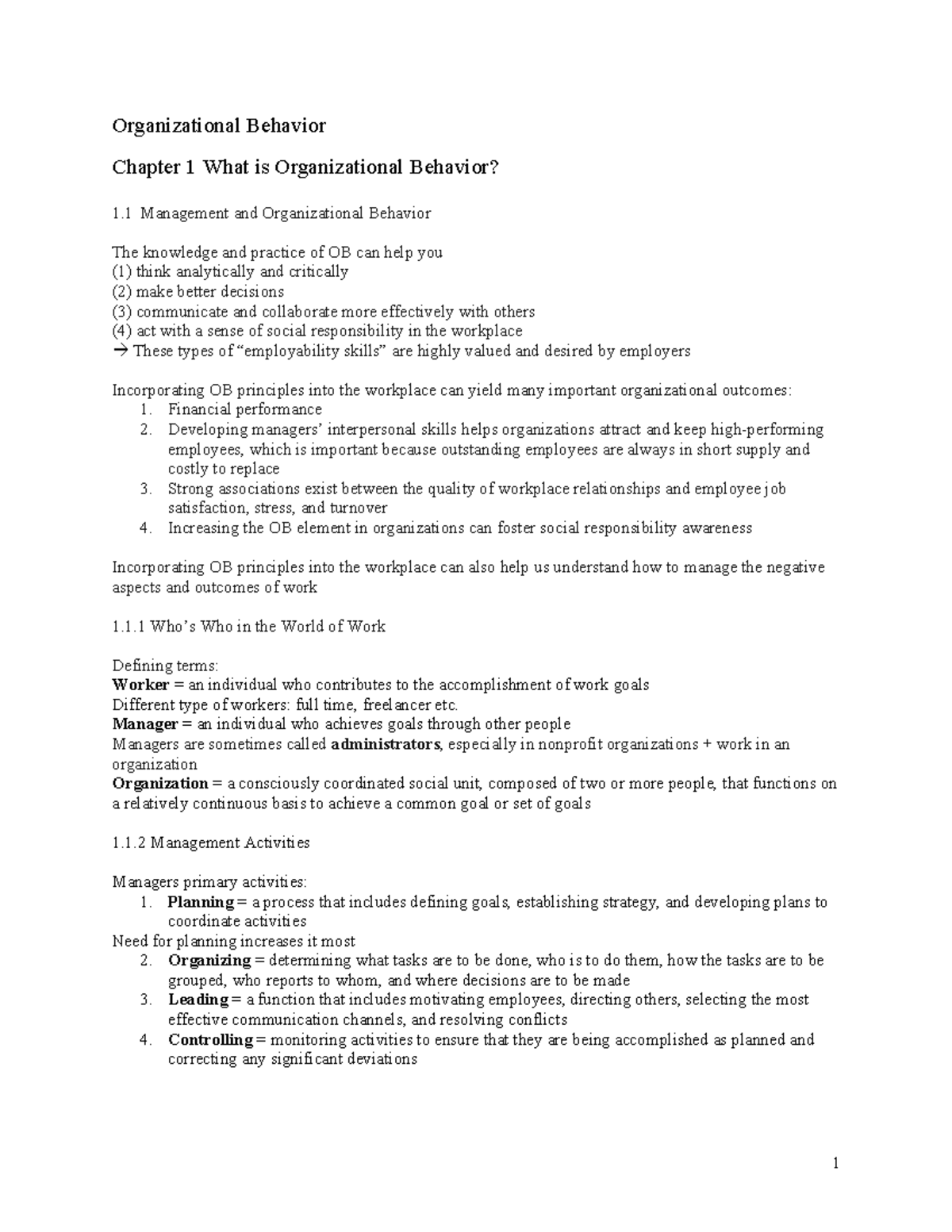 Organizational Behavior (OB) Chapter 1: Understanding Key Concepts and - Studeersnel