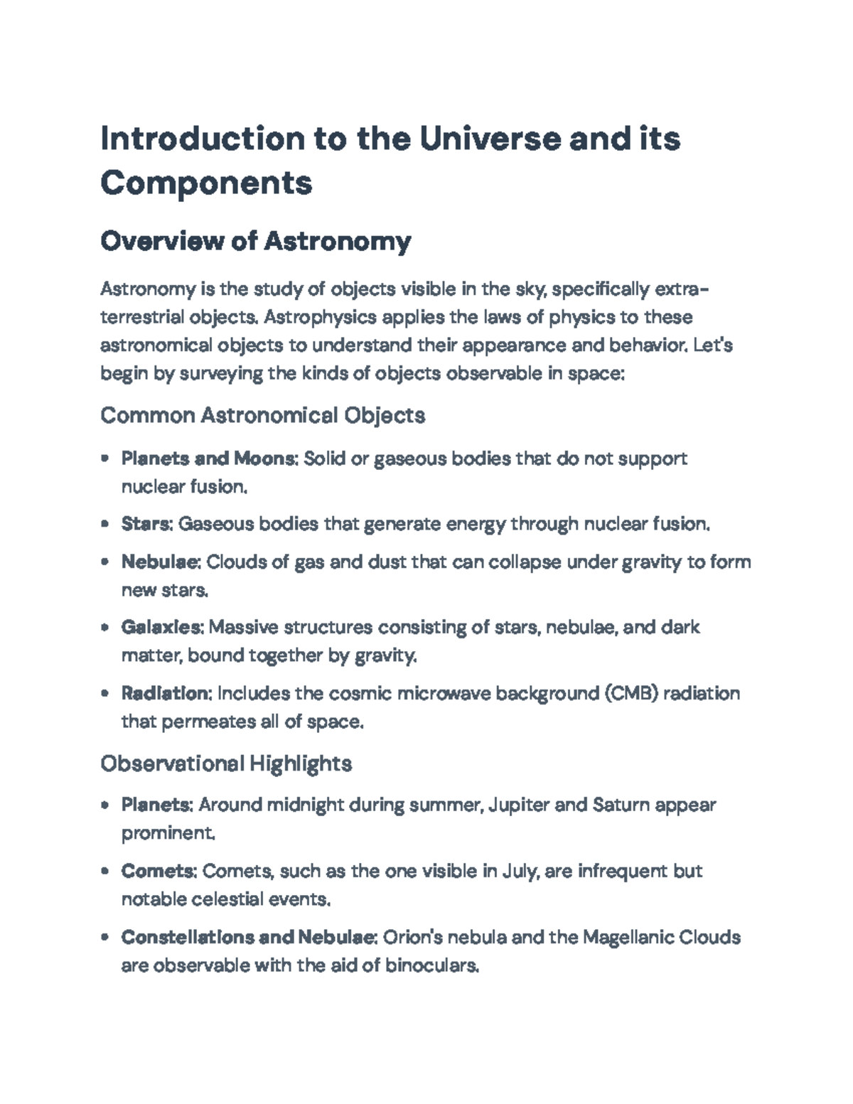 Introduction to the Universe and Its Components: Key Concepts in ...