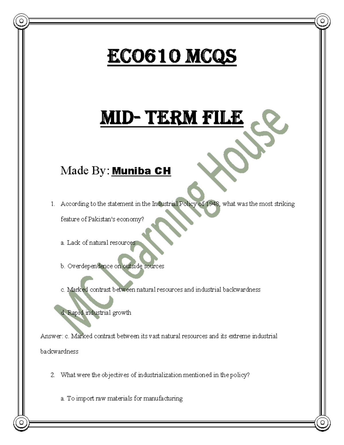 ECO610 MCQs Midterm Study Guide: Key Concepts and Answers - Studocu