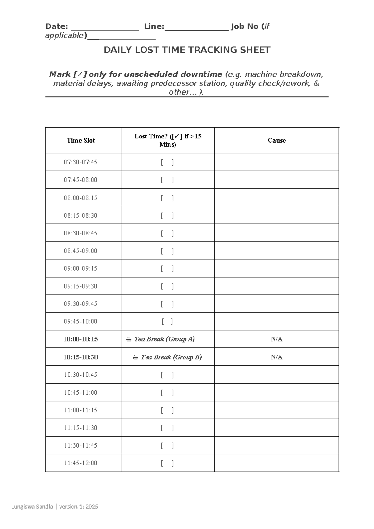 Daily LOST TIME Tracking Sheet - Lungiswa Sandla | version 1: 2025 Date