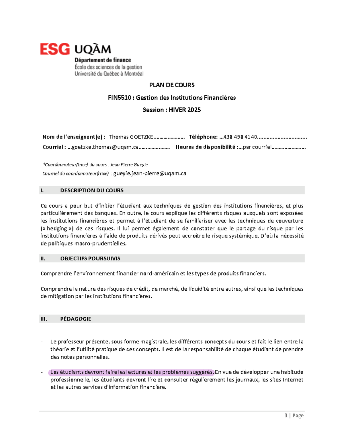 FIN5510 - Plan de Cours : Gestion des Institutions Financières - Hiver ...