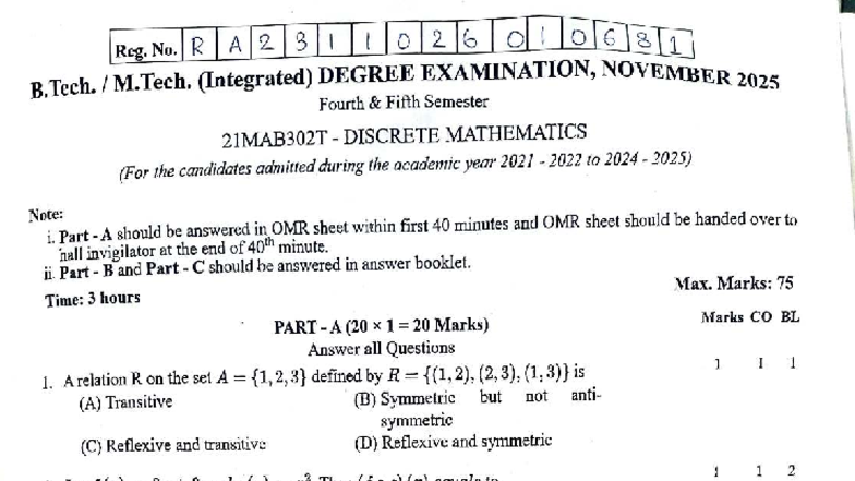 MAB302T Discrete Mathematics Exam Paper - Nov 2025 - Studocu