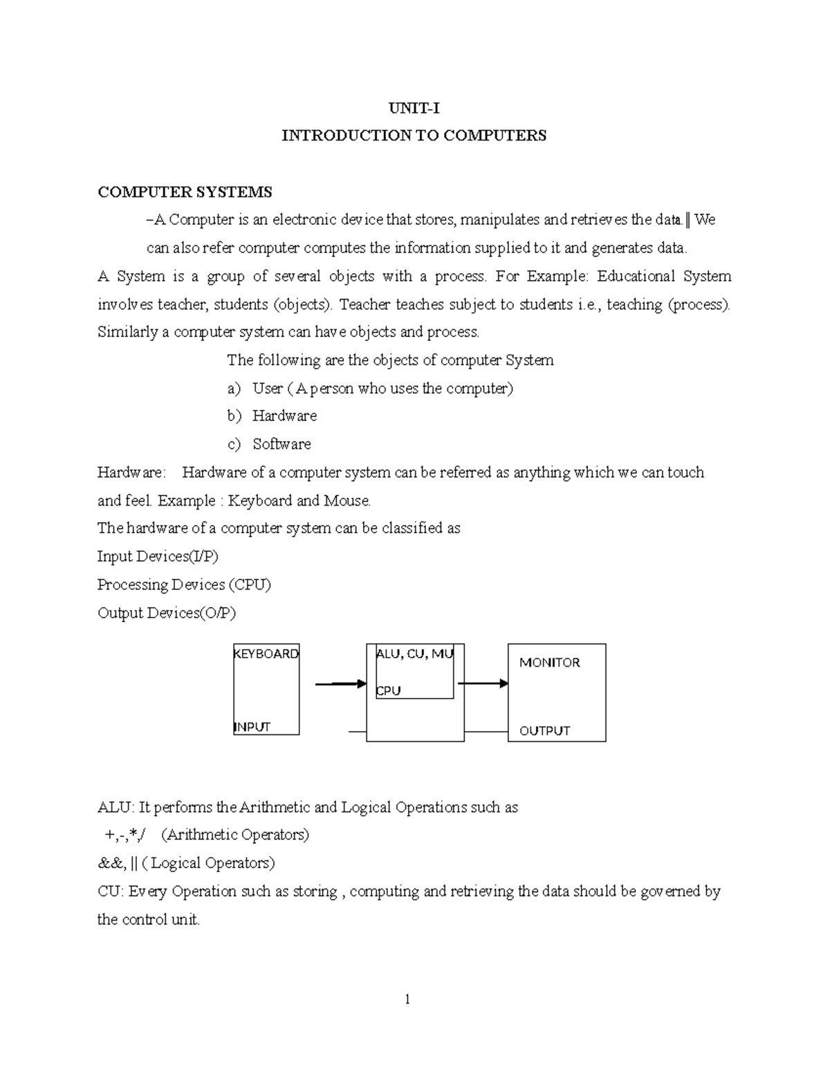 Computer- Lecture - 1 OUTPUT ALU, CU, MU MONITOR CPU KEYBOARD INPUT ...