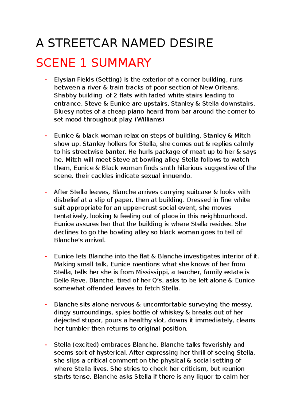 A Streetcar Named Desire (Scene 1) Summary for Essay Practice - Studocu